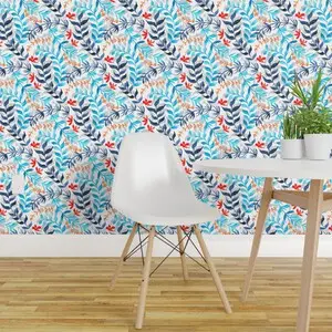 Spoonflower Hand Painted Fun Whimsical Painting Watercolor Custom Pre-pasted Wallpaper - Blue