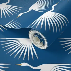 Spoonflower Birds Art Deco Traditional And White Cranes Custom Pre-pasted Wallpaper - Blue