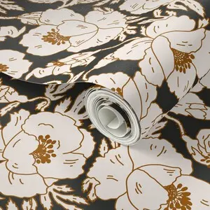 Spoonflower Poppy Dark Flower White Floral Modern Garden Custom Pre-pasted Wallpaper - Beige,black,gray