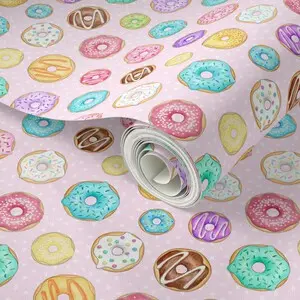 Spoonflower Scattered Rainbow Donuts Pale Pink Scatter Sweet Custom Pre-pasted Wallpaper - Pink,brown
