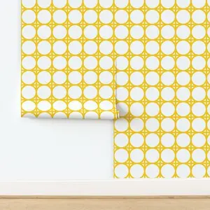 Spoonflower Circles Geometric Grid Caning Retro Pattern Yellow Custom Pre-pasted Wallpaper