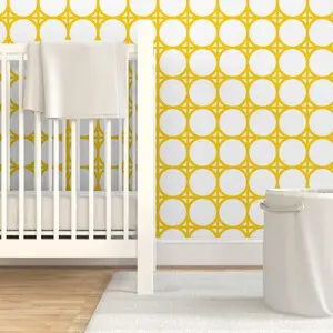 Spoonflower Circles Geometric Grid Caning Retro Pattern Yellow Custom Pre-pasted Wallpaper