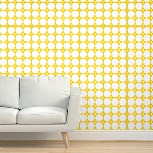 Spoonflower Circles Geometric Grid Caning Retro Pattern Yellow Custom Pre-pasted Wallpaper