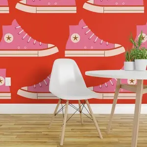 Spoonflower Star Shoes Pre-pasted Removable Wallpaper - Pink