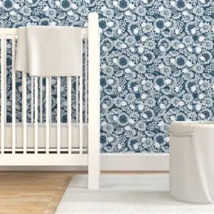 Spoonflower Flower Cute Floral Plant Skull Skeleton Traditional Wallpaper - Blue
