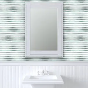 Spoonflower Ombre Stripe Sage Inch Watercolor Blue Green Custom Pre-pasted Wallpaper - Green,white,mint