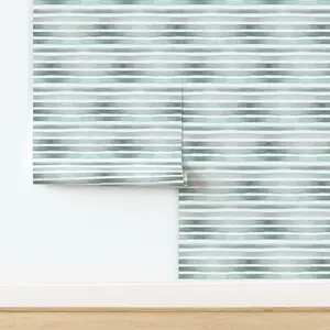 Spoonflower Ombre Stripe Sage Inch Watercolor Blue Green Custom Pre-pasted Wallpaper - Green,white,mint