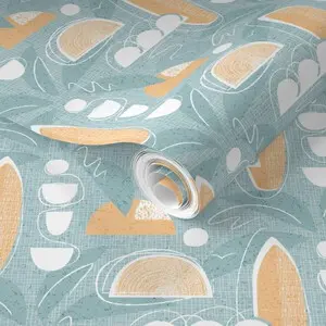 Spoonflower Abstract Spring Summer Beach Sea Sunrise Surf Custom Pre-pasted Wallpaper - Blue,orange,beige