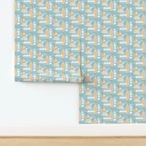 Spoonflower Abstract Spring Summer Beach Sea Sunrise Surf Custom Pre-pasted Wallpaper - Blue,orange,beige