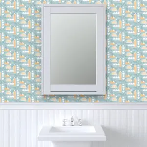 Spoonflower Abstract Spring Summer Beach Sea Sunrise Surf Custom Pre-pasted Wallpaper - Blue,orange,beige