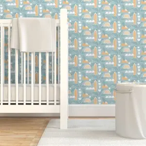 Spoonflower Abstract Spring Summer Beach Sea Sunrise Surf Custom Pre-pasted Wallpaper - Blue,orange,beige