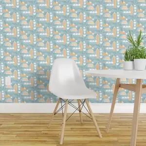 Spoonflower Abstract Spring Summer Beach Sea Sunrise Surf Custom Pre-pasted Wallpaper - Blue,orange,beige