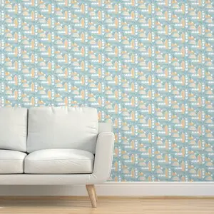 Spoonflower Abstract Spring Summer Beach Sea Sunrise Surf Custom Pre-pasted Wallpaper - Blue,orange,beige
