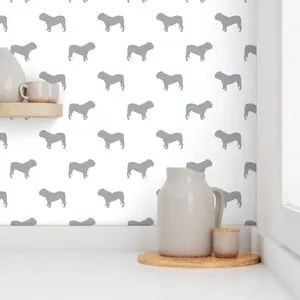 Spoonflower Dog Silhouette Bulldog Pattern English Pet Custom Removable Wallpaper - White,gray