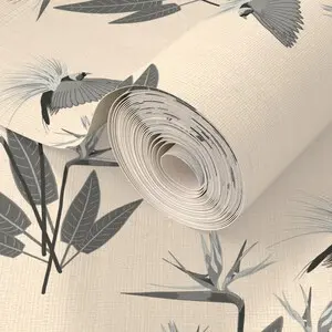 Spoonflower Birds Of Paradise Ballet Greyscale On Blush Cream 100% Natural Sisal Grasscloth Wallcovering - Pink,white
