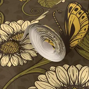Spoonflower Art Nouveau Daisy Flowers And Butterflies In 100% Natural Sisal Grasscloth Wallcovering - Green
