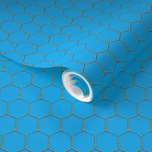 Spoonflower Grid Cyan Wire Farm Chicken Traditional Wallpaper - Blue