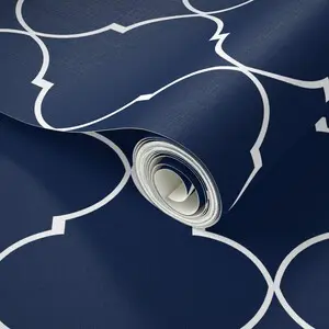 Spoonflower Trellis Navy Moroccan Ogee Quatrefoil White Blue Custom Pre-pasted Wallpaper - Blue,white,gray