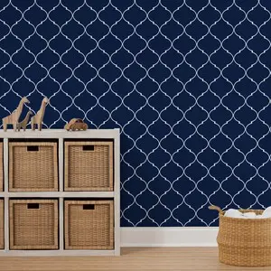Spoonflower Trellis Navy Moroccan Ogee Quatrefoil White Blue Custom Pre-pasted Wallpaper