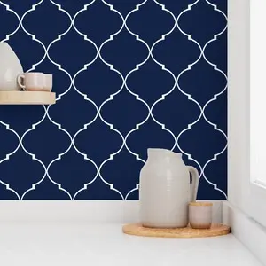 Spoonflower Trellis Navy Moroccan Ogee Quatrefoil White Blue Custom Pre-pasted Wallpaper