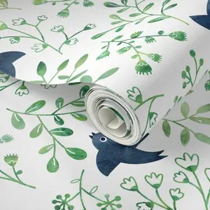 Spoonflower Swallows In The Foliage Custom Pre-pasted Wallpaper - Gray,green
