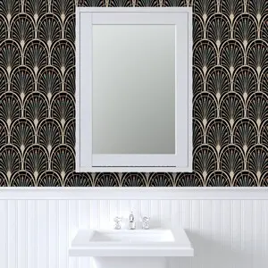 Spoonflower Black Gold Art Deco Fan Jewel Tone Scallops Custom Pre-pasted Wallpaper - Gray,brown