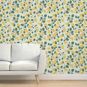 Spoonflower Lemon Trees Pastel Mint 100% Natural Sisal Grasscloth Wallcovering - Blue,mint,green