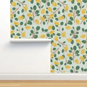 Spoonflower Lemon Trees Pastel Mint 100% Natural Sisal Grasscloth Wallcovering - Blue,mint,green