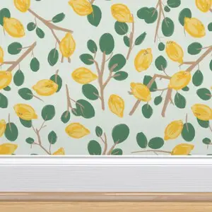 Spoonflower Lemon Trees Pastel Mint 100% Natural Sisal Grasscloth Wallcovering - Blue,mint,green