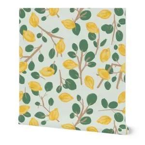 Spoonflower Lemon Trees Pastel Mint 100% Natural Sisal Grasscloth Wallcovering - Blue,mint,green