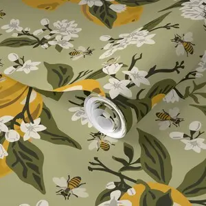 Spoonflower Yellow Citrus Spring Summer Contemporary Custom Removable Wallpaper - Green,yellow,beige