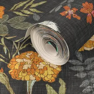 Spoonflower Marigold Love Charcoal Orange Jumbo 100% Natural Sisal Grasscloth Wallcovering Gray