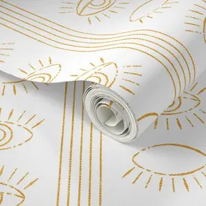 Spoonflower Yellow Gold Trendy Eye Boho Stripe Eyelashes Blink Custom Pre-pasted Wallpaper Beige,gold,white