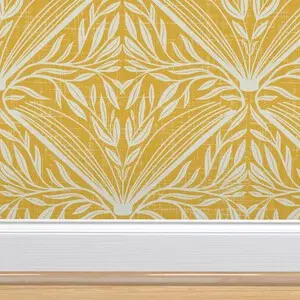Spoonflower Literary Damask Goldenrod 100% Natural Sisal Grasscloth Wallcovering - White,yellow,orange