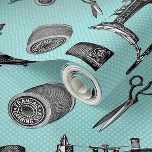 Spoonflower Vintage Seamstress Form Machine Thimble Traditional Wallpaper - Turquoise,blue,gray