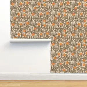 Spoonflower Art Nouveau Oranges Neutral Summer Medium Scale 100% Natural Sisal Grasscloth Wallcovering - Orange,beige