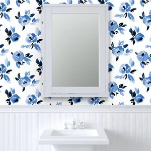 Spoonflower Flower Blue Floral Abstract Rose Fresh Beautiful Custom Pre-pasted Wallpaper - Blue,gray