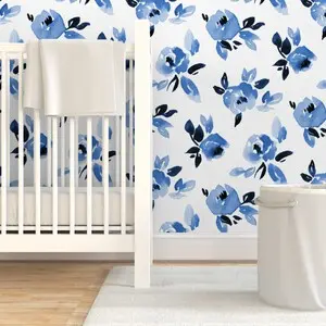 Spoonflower Flower Blue Floral Abstract Rose Fresh Beautiful Custom Pre-pasted Wallpaper - Blue,gray