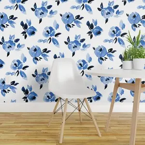 Spoonflower Flower Blue Floral Abstract Rose Fresh Beautiful Custom Pre-pasted Wallpaper - Blue,gray