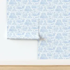 Spoonflower Toile Blue White Baby Romantic French Custom Pre-pasted Wallpaper - Blue,white