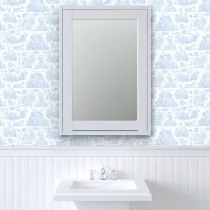 Spoonflower Toile Blue White Baby Romantic French Custom Pre-pasted Wallpaper - Blue,white