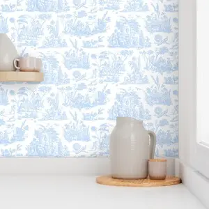 Spoonflower Toile Blue White Baby Romantic French Custom Pre-pasted Wallpaper - Blue,white