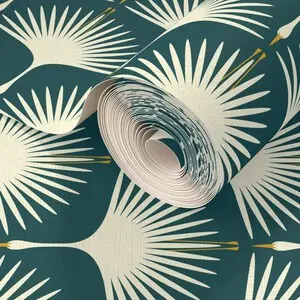 Spoonflower Art Deco Swans Deep Teal Beak To Feet 100% Natural Sisal Grasscloth Wallcovering - Teal,blue