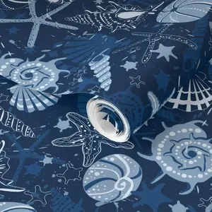 Spoonflower Summer Waves Splash Ocean Shells Custom Pre-pasted Wallpaper - Blue