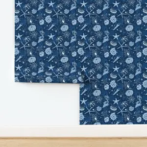 Spoonflower Summer Waves Splash Ocean Shells Custom Pre-pasted Wallpaper