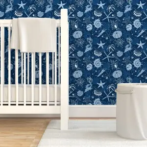 Spoonflower Summer Waves Splash Ocean Shells Custom Pre-pasted Wallpaper