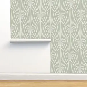 Spoonflower Art Deco Sage Green Texture 100% Natural Sisal Grasscloth Wallcovering - White,green