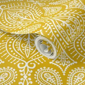 Spoonflower Paisley Yellow Regular Scale Geometric Abstract Custom Pre-pasted Wallpaper - Yellow,beige,green