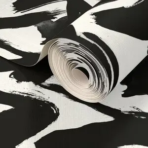 Spoonflower Black And White Abstract Brush Stroke Artistic 100% Natural Sisal Grasscloth Wallcovering - Black,white