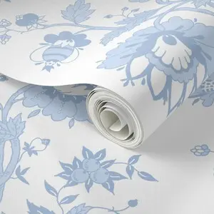 Spoonflower Stripes Blue And White Toile Chinoiserie Folk Art Traditional Wallpaper - Blue,green